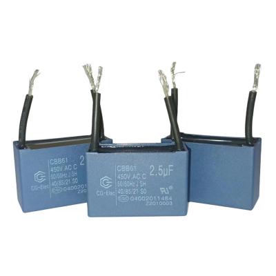 China 2.5mfd CBB61 450V Air Conditioner Fan Capacitor ±5% Tolerance With 30mm Line Length for sale