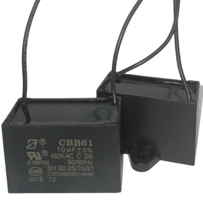 China CBB61 450v 10mfd Single Phase Ceiling Fan Capacitor Plastic Triangle With Location Hole for sale