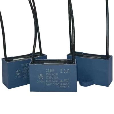 China CBB61 450V 3.5mfd Line Length 150 Ceiling Fan Capacitor With Plastic Triangle With Location Hole for sale