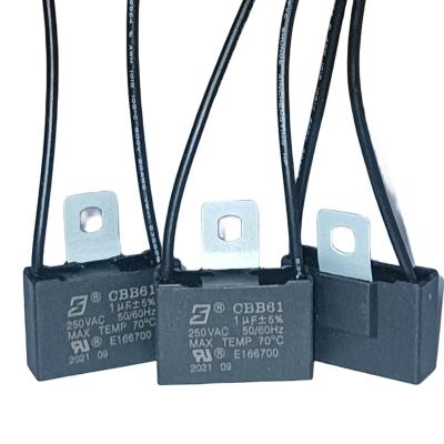 China CBB61 250V 1.0mfd Line Length 115 Ceiling Fan Capacitor With Straight Iron Ear for sale