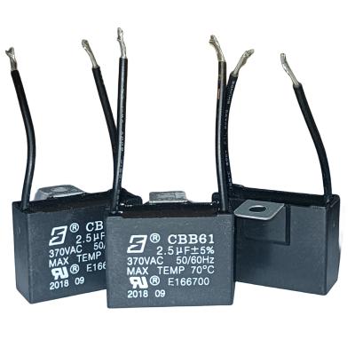 China 370V 2.5mfd Self Healing CBB61 Fan Capacitor With Bent Iron Ear for sale