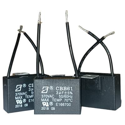China CBB61 370V 3.0mfd 187 Terminal Ceiling Fan Capacitor With Straight Iron Ear for sale