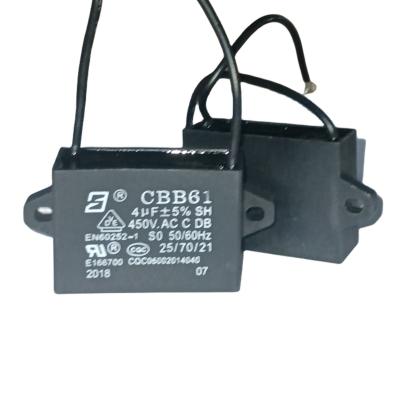China CBB61 450V 4.0mfd 100mm Line Length Ceiling Fan Capacitor Plastic Triangles With Locating Holes Are On Both Sides for sale