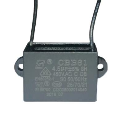China CBB61 450V 4.5mfd 100 Line Length Ceiling Fan Capacitor Plastic Triangles With Locating Holes Are On Both Sides for sale