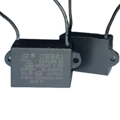 China CBB61 450V 6.0mfd 100 Line Length Ceiling Fan Capacitor Plastic Triangles With Locating Holes Are On Both Sides for sale