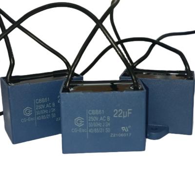China CBB61 250V 22mfd Blue B-Class Ceiling Fan Capacitor With 200 Line Length VH Terminal for sale