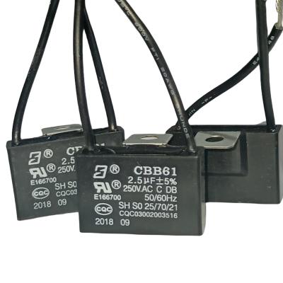 China CBB61 250V 2.5mfd Ceiling Fan Capacitor With Bent Iron Ear for sale