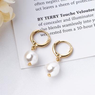 China Korea Stainless Steel Gold Hoop Earrings 10mm Pearl Drop Earrings For Women for sale