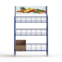 China Supermarket 3 Tier Metal Fruit And Vegetable Display Stand With Wire Shelves And Top Sign for sale