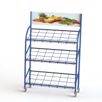 China Supermarket 3 Tier Metal Fruit And Vegetable Display Stand With Wire Shelves And Top Sign for sale