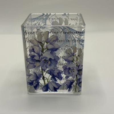 China OEM Size Floral Cube Glass Candle Vessel Elegant Design For Home Decor Centerpiece for sale