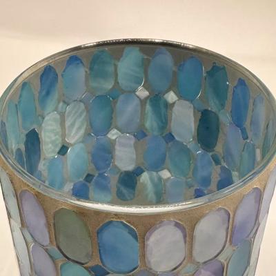 China Blue Mosaic Candle Glass Holder Handcrafted Pattern For Elegant Home Decor for sale