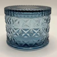 China Quilted Blue Decorative Glass Jar Textured Pattern for Elegant Home Storage for sale