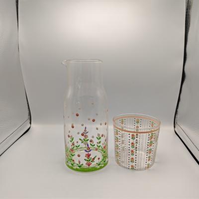 China Hand Painted Floral Glass Pitcher Duo Vintage Garden Pattern Kitchen Drink Serving Set for sale