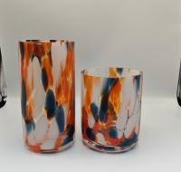 China Multicolor Swirl Glass Tumbler Pair Orange White Deep Blue Hand Blown Bar Drinkware for sale