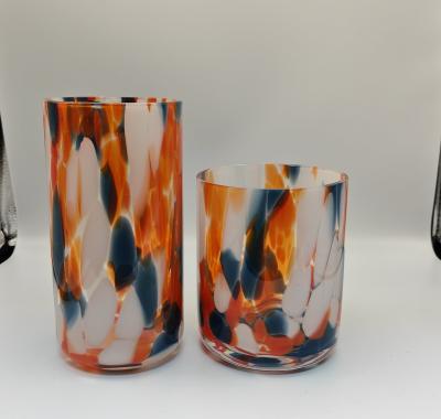 China Multicolor Swirl Glass Tumbler Pair Orange White Deep Blue Hand Blown Bar Drinkware for sale