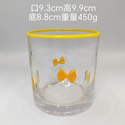 China Yellow Bow Embossed Glass Tumbler 9.3 cm Rim 9.9 cm Tall 450 g Thick Base Drink Cup for sale
