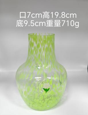 China Green Speckled Glass Vase 7 cm Rim 19.8 cm Tall 710 g Gourd Shape with Flower Relief for sale