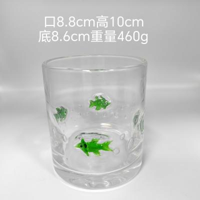 China Fish Relief Clear Glass Tumbler 8.8 cm Rim 10 cm Tall 460 g Embedded Aquarium Decor for sale