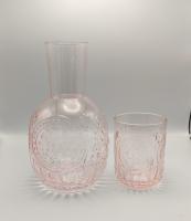 China Pale Pink Embossed Glass Carafe Set Round Crest Pattern Carafe and Tumbler Gift Duo for sale