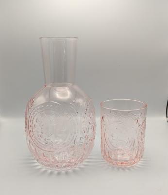 China Pale Pink Embossed Glass Carafe Set Round Crest Pattern Carafe and Tumbler Gift Duo for sale