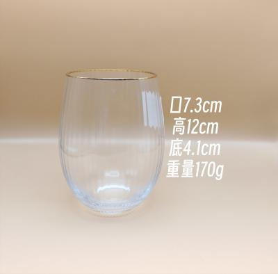 China Gold Rim Ribbed Glass Tumbler 7.3 cm Rim 12 cm Tall 170 g Slim Vertical Ridge Cup for sale