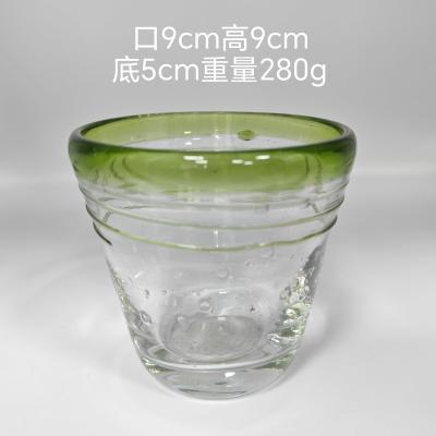 China Green Rim Swirl Glass Tumbler 9 cm Rim 9 cm Tall 280 g Clear Bubble Body Drink Cup for sale