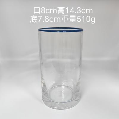 China Blue Rim Clear Glass Tumbler 8 cm Rim 14.3 cm Tall 510 g Tall Water Serving Cup for sale