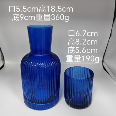 China Cobalt Blue Ribbed Glass Vase Set Two Piece Decor Duo with Tumbler Cup for sale