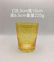 China Amber Yellow Etched Glass Tumbler 8.3 cm Rim 10 cm Tall 220 g Geometric Pattern Cup for sale