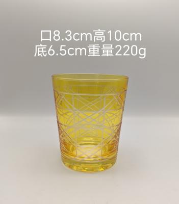 China Amber Yellow Etched Glass Tumbler 8.3 cm Rim 10 cm Tall 220 g Geometric Pattern Cup for sale