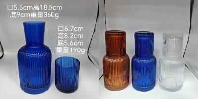 China Ribbed Five Piece Pitcher Tumbler Set Cobalt Blue Amber Clear Glassware for sale