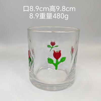 China Red Flower Relief Glass Tumbler 8.9 cm Rim 9.8 cm Tall 480 g Clear Garden Cup for sale
