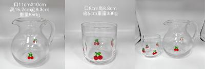 China Cherry Motif Glass Pitcher Loop Handle Serving Jug and Two Matching Cups for sale