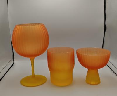 China Sunset Gradient Frosted Stemware Set Three Pieces Ribbed Wine Glass Tumbler and Bowl for sale