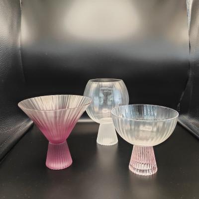 China Orchid Frosted Stemmed Bowl Trio Pink Purple Gradient Ribbed for sale