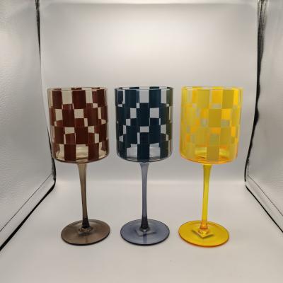 China Graph Checker Stemmed Glass Set Three Colours Brown Navy Yellow for sale