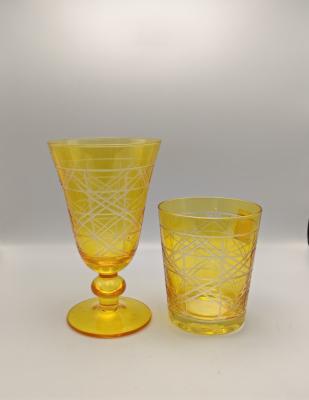 China Etch Amber Grid Set Stemmed Glass and Tumbler Two Piece Etched Line for sale