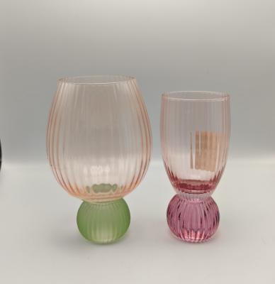 China Duet Two Tone Gradient Cup Pair 15 cm Tall Ribbed Foot Stemmed Glass for sale