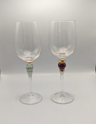 China Bauble Bead Stem Glass Pair 22 cm Tall Gold Ring Inlay Stemware for sale