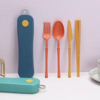 China Lightweight Portable Sustainable Blue 4-PC Rotary Box Flatware Set Biodegradable and Eco-friendly Tableware Supplies Made of Environmentally Friendly Wheat Straw Fiber for sale