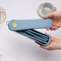 China Lightweight Portable Sustainable Blue 4-PC Rotary Box Flatware Set Biodegradable and Eco-friendly Tableware Supplies Made of Environmentally Friendly Wheat Straw Fiber for sale