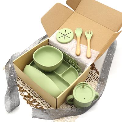 China Kids Children Dining Tableware Set Silicone Baby Bowl Suction Dish Bamboo Wooden Baby Fork And Feeding Spoon Set for sale