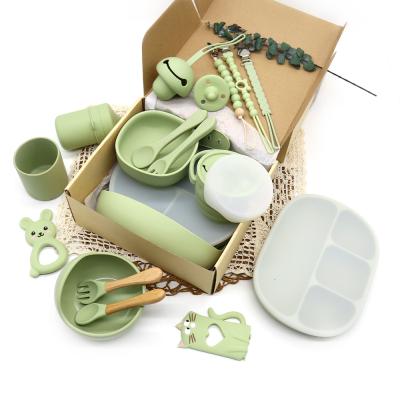 China Silicone Baby Food Dish Fashion Baby Toddler Safe Kids Feeding Dish Set Silicone Bib Mold Plates Bowls Spoons for sale