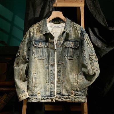 China Daily Beading Fabric Hem mens denim jacket wholesale Stone Wash Long Sleeve Custom (JK764) for sale