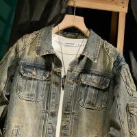 China Daily Beading Fabric Hem mens denim jacket wholesale Stone Wash Long Sleeve Custom (JK764) for sale