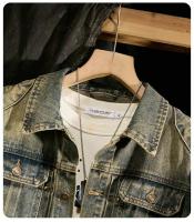 China Daily Beading Fabric Hem mens denim jacket wholesale Stone Wash Long Sleeve Custom (JK764) for sale