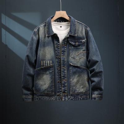 China Blue Solid Color Long Sleeve mens denim jacket wholesale Lapel Collar Polyester 19% Custom (JK529) for sale