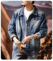 China Lapel Collar Blue Daily Fabric Hem mens denim jacket wholesale Stone Wash Long Sleeve Custom (JK529) for sale
