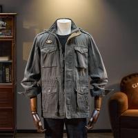 China Stand Collar Daily Army Green Fabric Hem mens casual leather jackets Cotton 100% Long Sleeve Custom (JK758) for sale